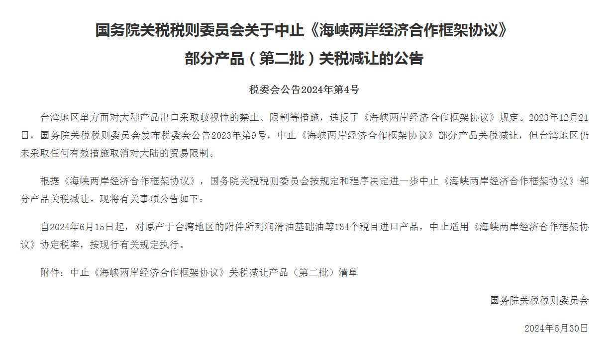 大陸再宣布6/15中止ECFA關稅減讓，134項產品清單一次看